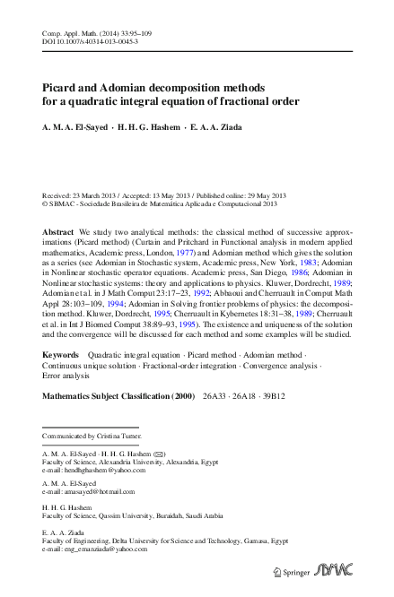 Pdf Picard And Adomian Decomposition Methods For A Quadratic Integral Equation Of Fractional