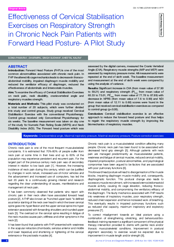 (PDF) Effectiveness of Cervical Stabilisation Exercises on Respiratory ...