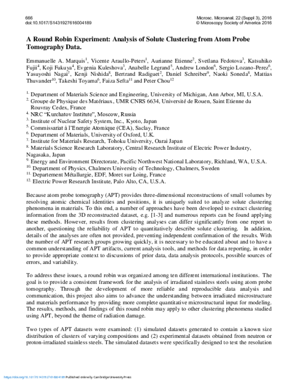 (PDF) A Round Robin Experiment: Analysis of Solute Clustering from Atom Probe Tomography Data ...