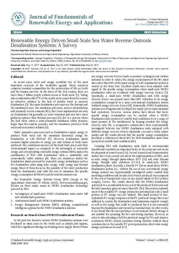 (PDF) Renewable Energy Driven Small-Scale Sea Water Reverse Osmosis Desalination Systems: A Survey