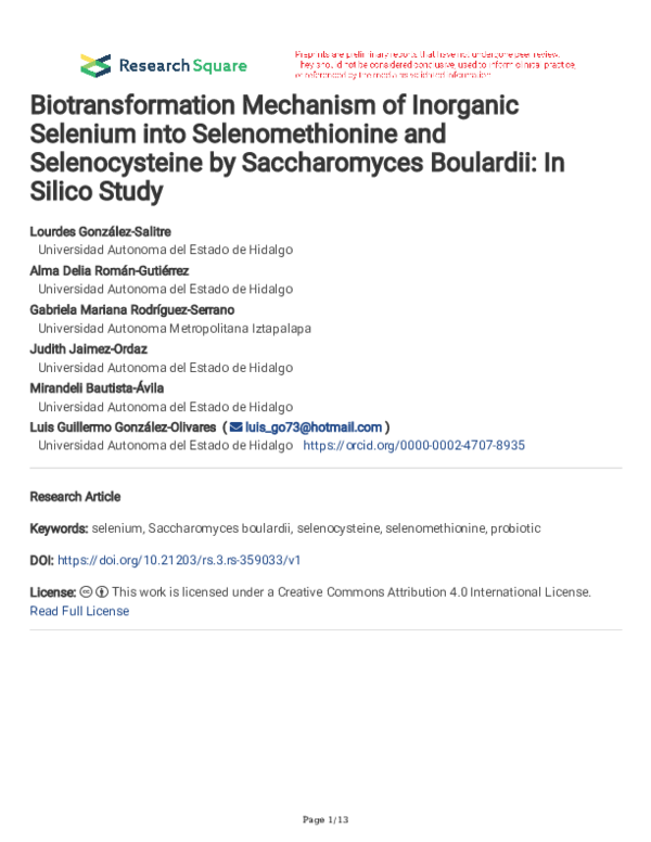 (PDF) Biotransformation Mechanism of Inorganic Selenium into ...
