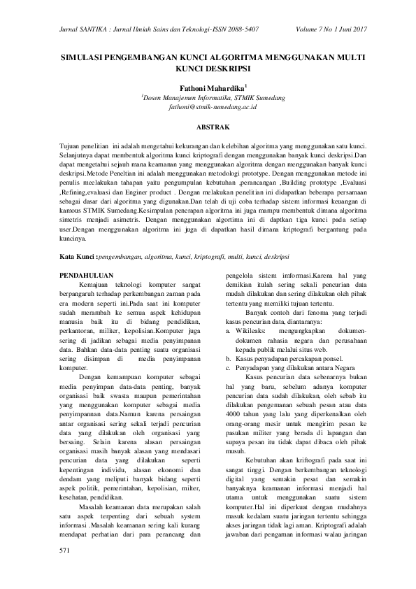 (PDF) Simulasi Pengembangan Kunci Algoritma Menggunakan Multi Kunci Deskripsi