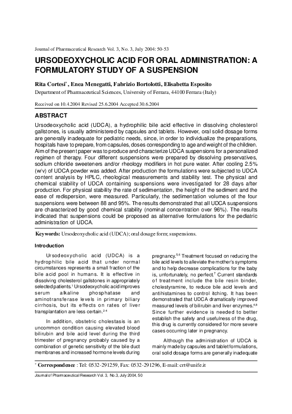 (PDF) Ursodeoxycholic Acid for Oral Administration: A Formulatory Study ...