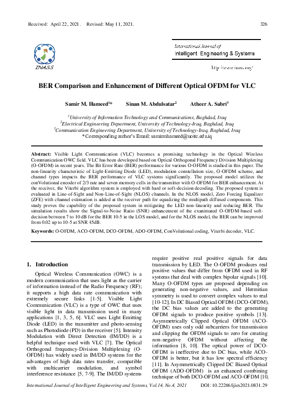 Pdf Ber Comparison And Enhancement Of Different Optical Ofdm For Vlc