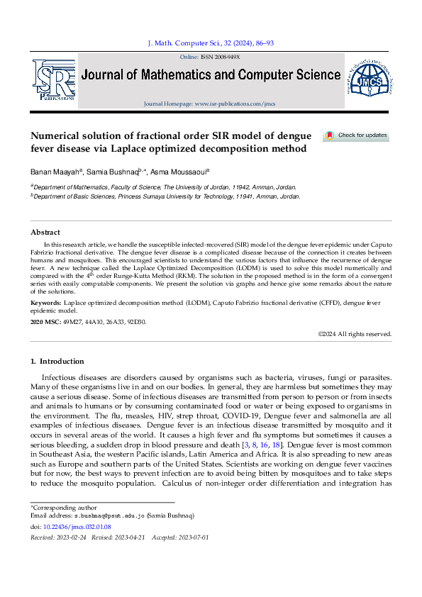 (PDF) Numerical solution of fractional order SIR model of dengue fever disease via Laplace ...