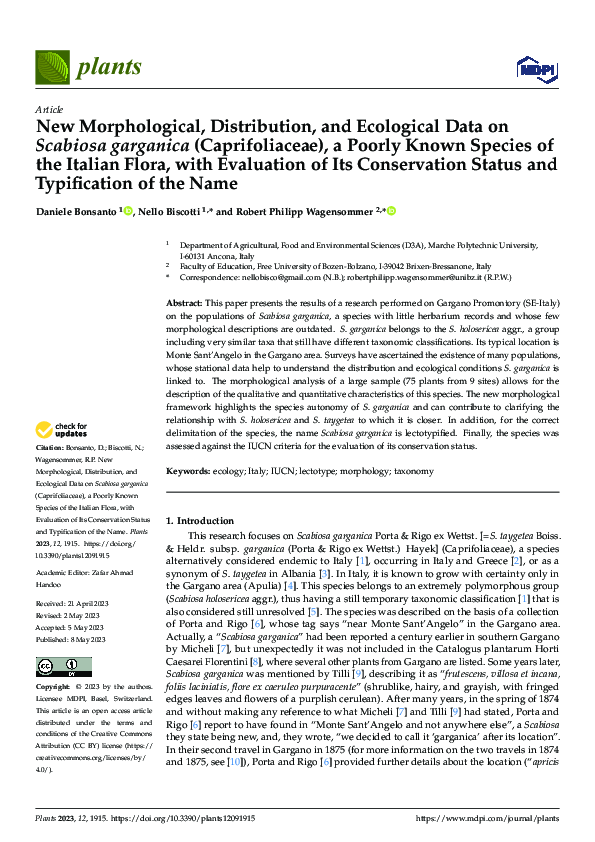 (PDF) New Morphological, Distribution, and Ecological Data on Scabiosa garganica (Caprifoliaceae ...