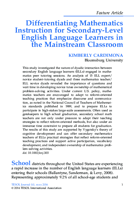 (PDF) Differentiating Mathematics Instruction for Secondary-Level English Language Learners in ...