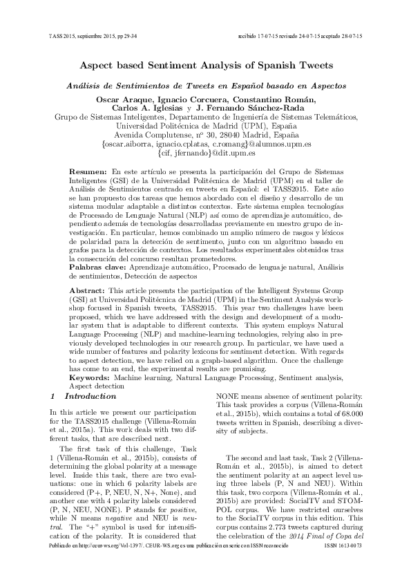 (PDF) Aspect Based Sentiment Analysis of Spanish Tweets