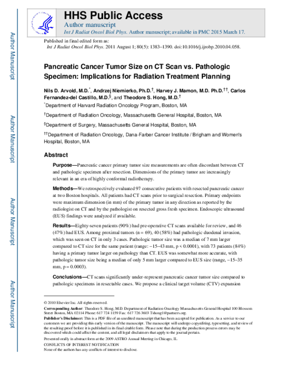 (PDF) Pancreatic Cancer Tumor Size on CT Scan Versus Pathologic ...