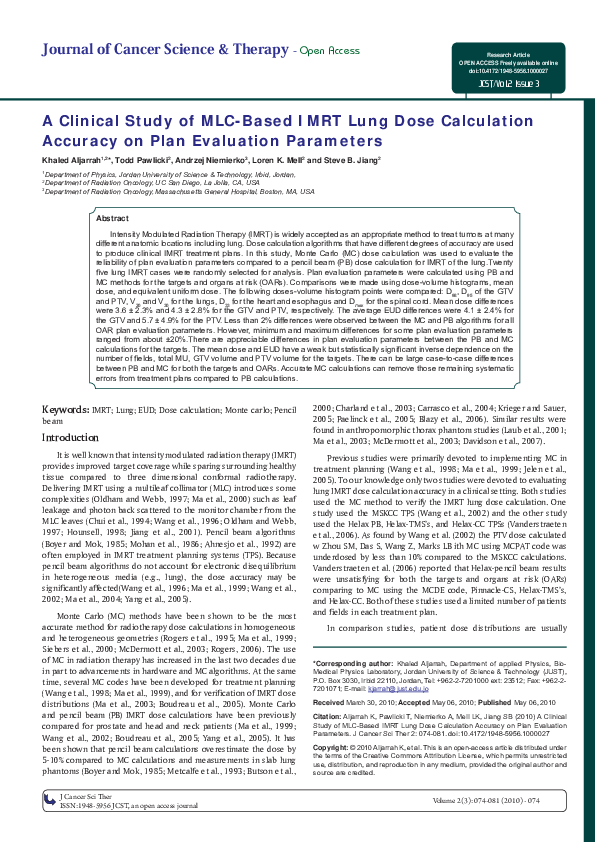 (PDF) A clinical study of MLC-based IMRT lung dose calculation accuracy on plan evaluation ...