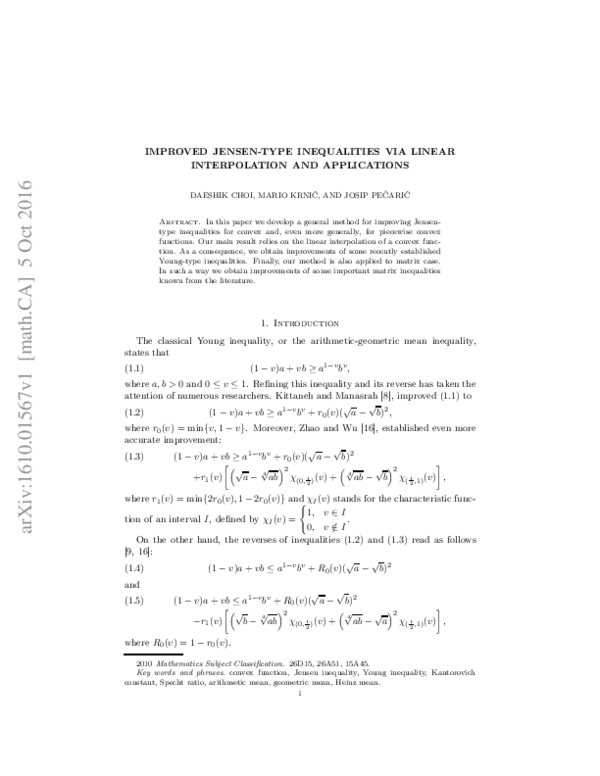 (PDF) Improved Jensen-type inequalities via linear interpolation and applications | Josip ...