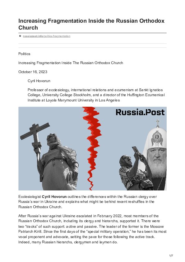 (PDF) Increasing Fragmentation Inside the Russian Orthodox Church
