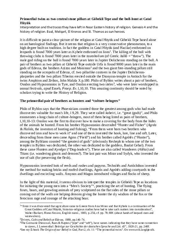 (PDF) Twins as central stone pillars at Göbekli Tepe & the bull-hunt at Catal Hüyük | Erik ...