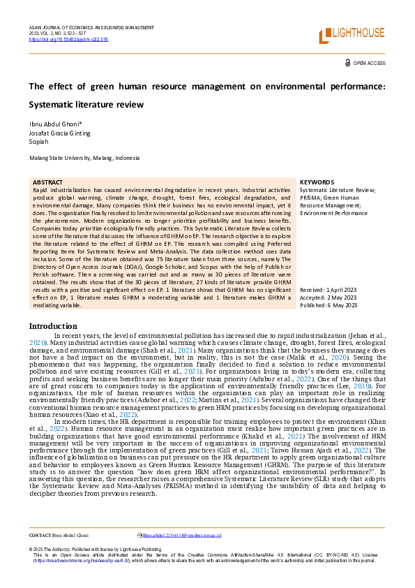 (PDF) The effect of green human resource management on environmental performance: Systematic ...