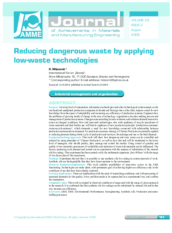 (PDF) Reducing dangerous waste by applying low-waste technologies