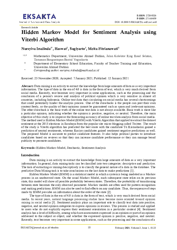 Pdf Sentiment Analysis Via Hidden Markov Models