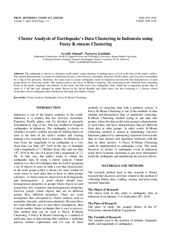 Pdf Cluster Analysis Of Earthquakes Data Clustering In Indonesia Using Fuzzy K Means Clustering