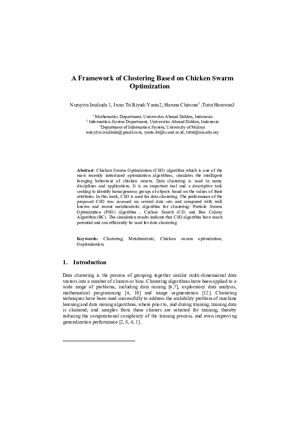 (PDF) A Framework of Clustering Based on Chicken Swarm Optimization