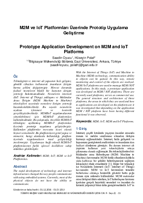 (PDF) M2M ve IoT Platformları Üzerinde Prototip Uygulama Geliştirme