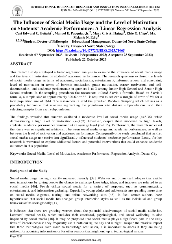 (PDF) The Influence of Social Media Usage and the Level of Motivation ...