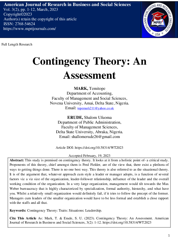 (PDF) Contingency Theory: An Assessment
