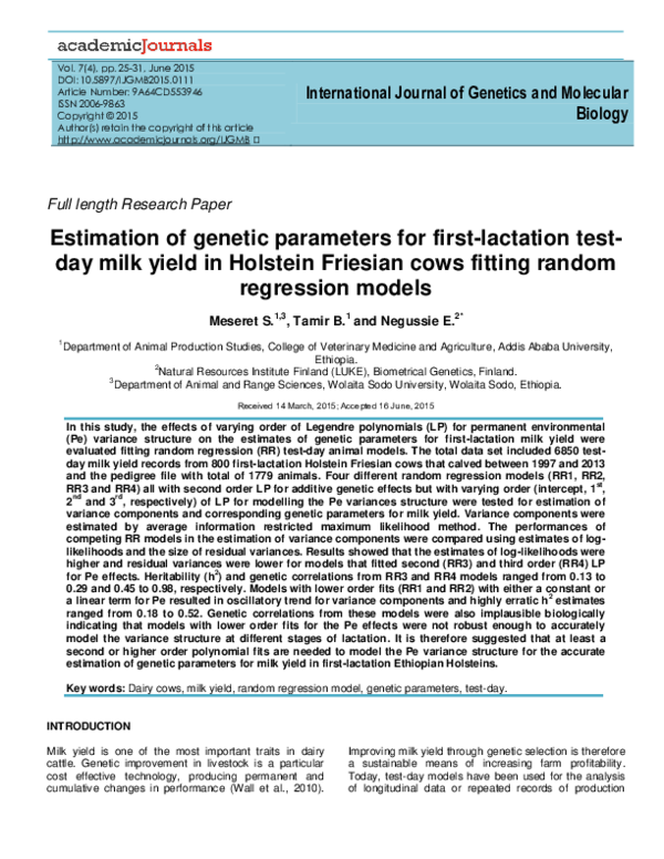 Pdf Estimation Of Genetic Parameters For First Lactations Test Day Milk Yield Of Holstein