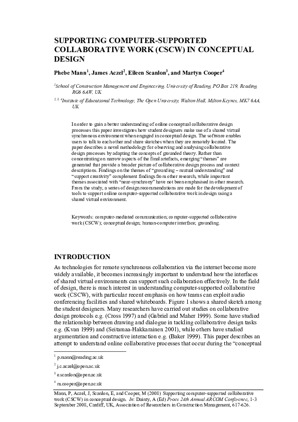 Pdf Supporting Computer Supported Collaborative Work Cscw In Conceptual Design