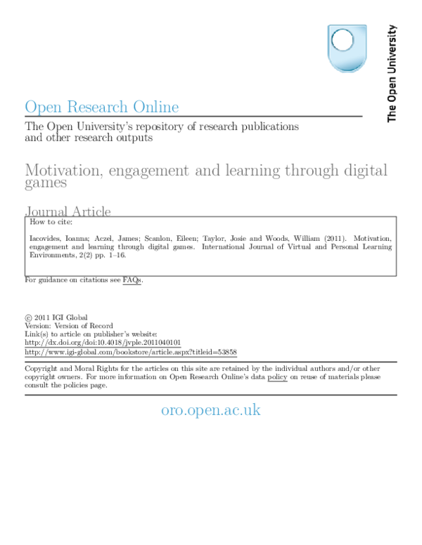 (PDF) Motivation, Engagement and Learning through Digital Games ...