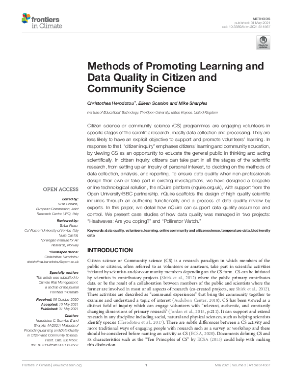 (PDF) Methods of Promoting Learning and Data Quality in Citizen and ...