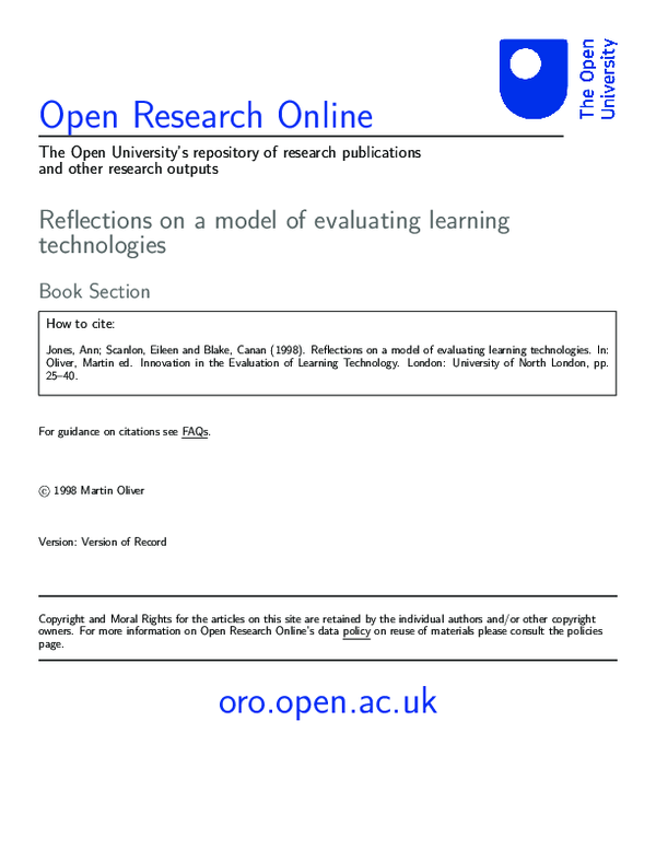 (PDF) Reflections on a model of evaluating learning technologies | Eileen Scanlon - Academia.edu