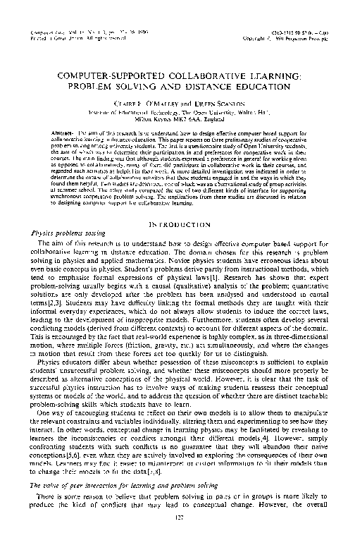Pdf Computer Supported Collaborative Learning Problem Solving And Distance Education
