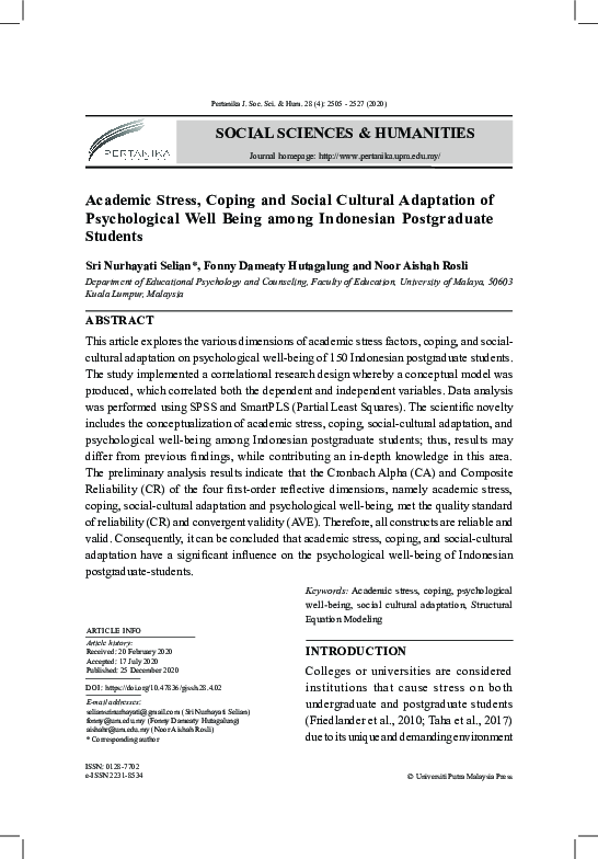 (PDF) Academic Stress, Coping and Social Cultural Adaptation of Psychological Well Being among ...