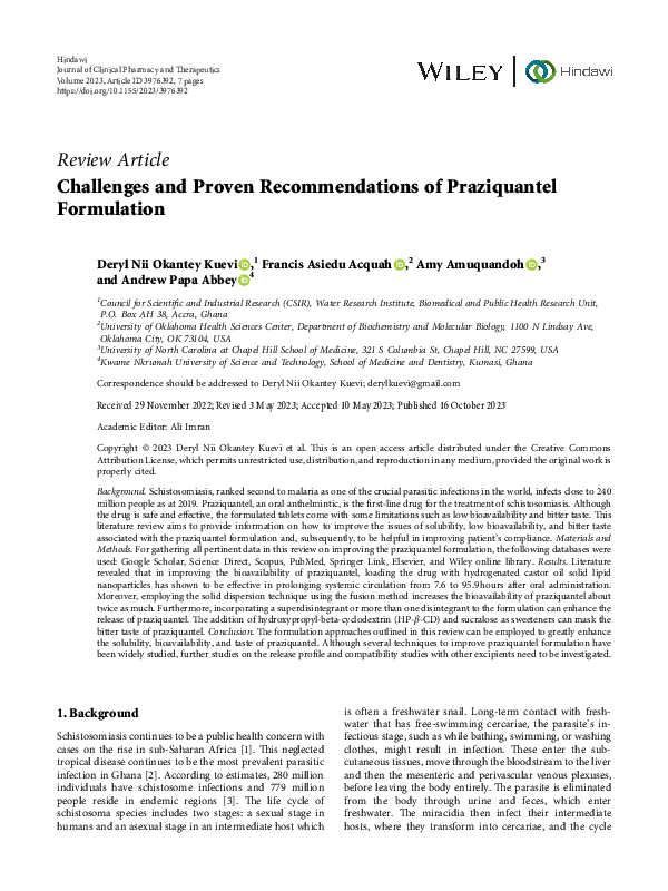 (PDF) Challenges and Proven Recommendations of Praziquantel Formulation