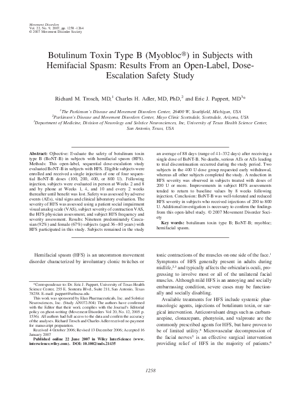 (PDF) Botulinum toxin type B (Myobloc®) in subjects with hemifacial ...