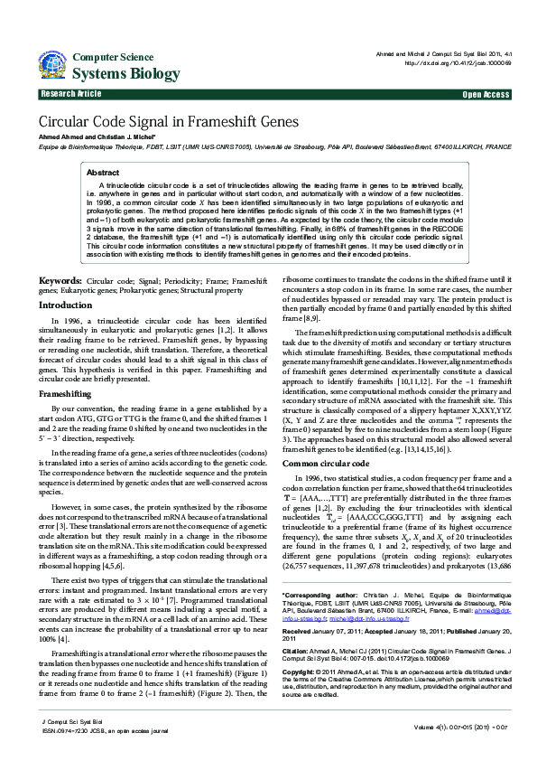 (PDF) Circular Code Signal in Frameshift Genes