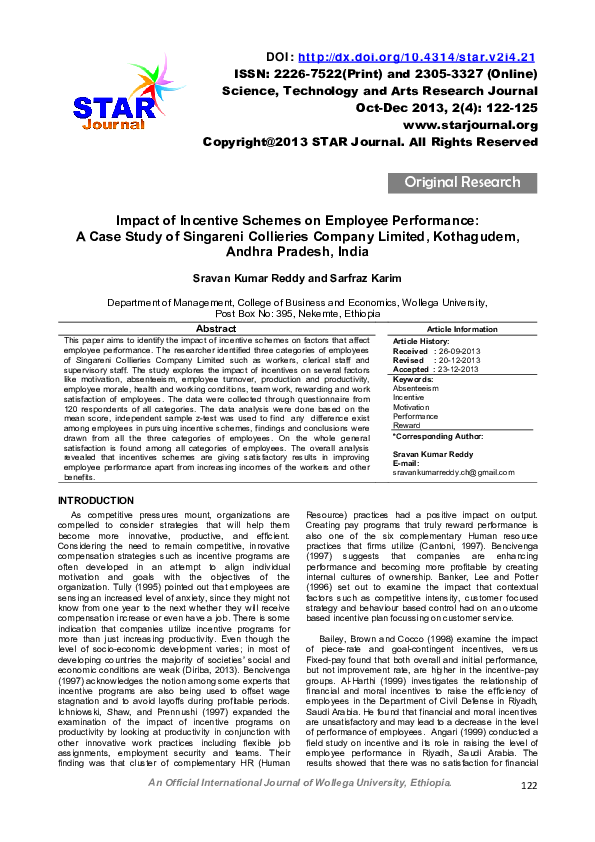 (PDF) Impact of Incentive Schemes on Employee Performance: A Case Study of Singareni Collieries ...