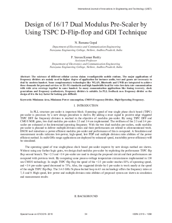 (PDF) Design of 16/17 Dual Modulus Pre-Scaler by Using TSPC D-Flip-flop and GDI Technique ...