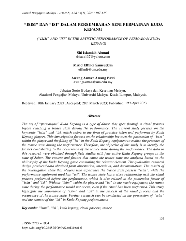 (PDF) “Isim” Dan “Isi” Dalam Persembahan Seni Permainan Kuda Kepang