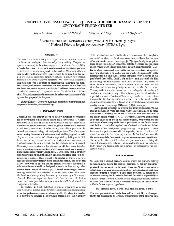 (PDF) Cooperative sensing with sequential ordered transmissions to secondary fusion center ...
