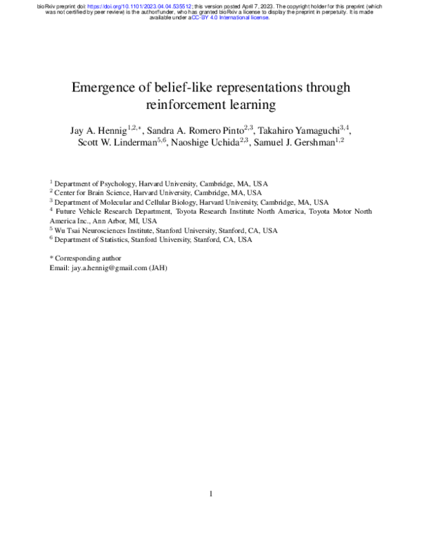 (PDF) Emergence of belief-like representations through reinforcement learning