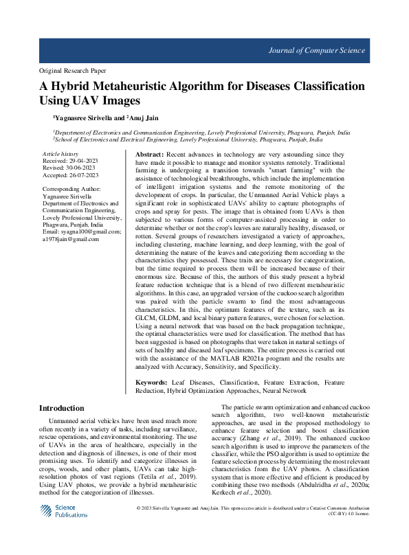 Pdf A Hybrid Metaheuristic Algorithm For Diseases Classification Using Uav Images Yagnasree