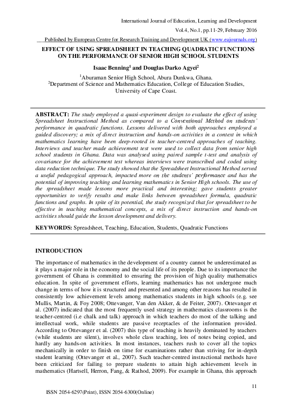 (PDF) Effect of using spreadsheet in teaching quadratic function on the performance of students