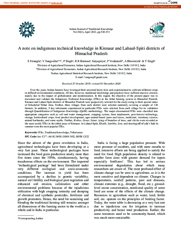 (PDF) A note on indigenous technical knowledge in Kinnaur and Lahaul ...