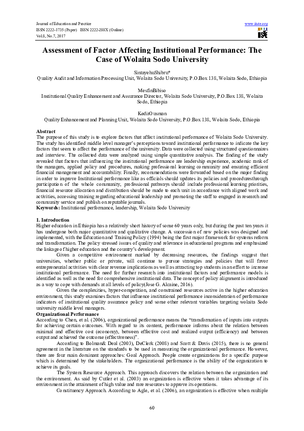 (PDF) Assessment of Factor Affecting Institutional Performance: The ...