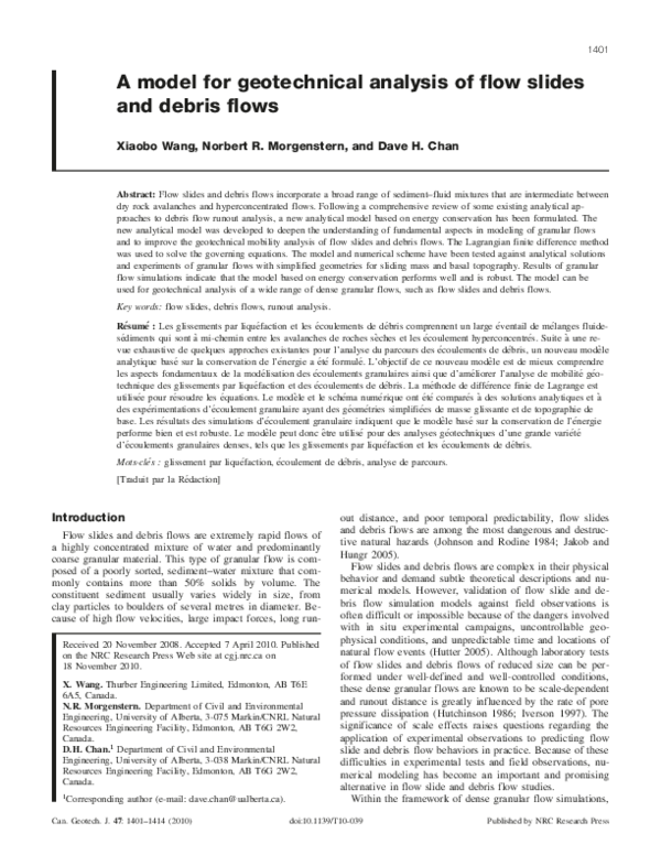 (PDF) A model for geotechnical analysis of flow slides and debris flows