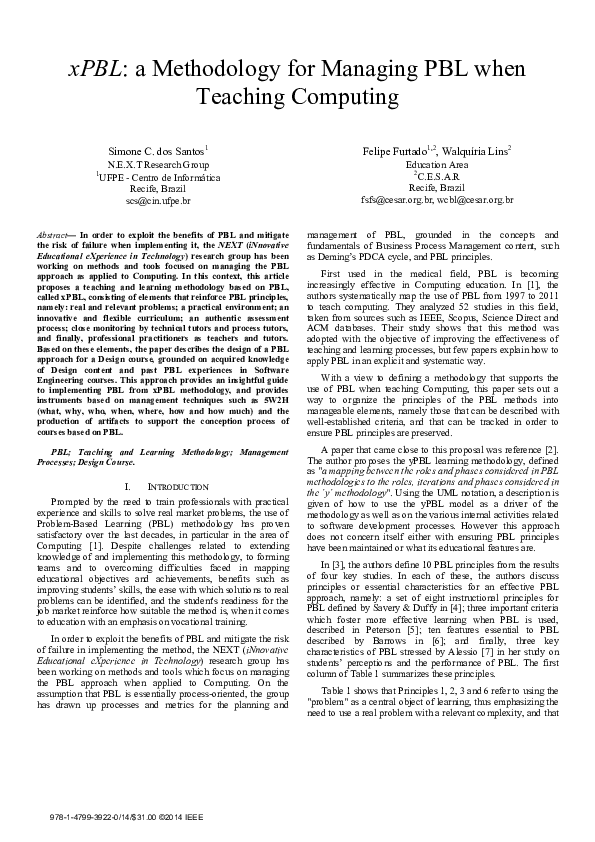 (PDF) xPBL: A methodology for managing PBL when teaching computing