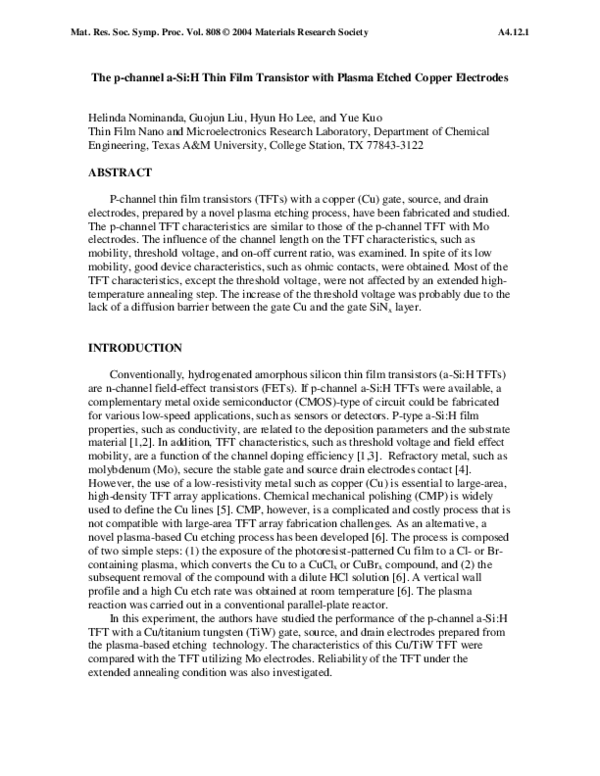 (PDF) The p-channel a-Si:H Thin Film Transistor with Plasma Etched ...