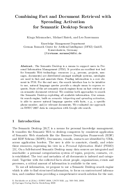 Pdf Combining Fact And Document Retrieval With Spreading Activation For Semantic Desktop