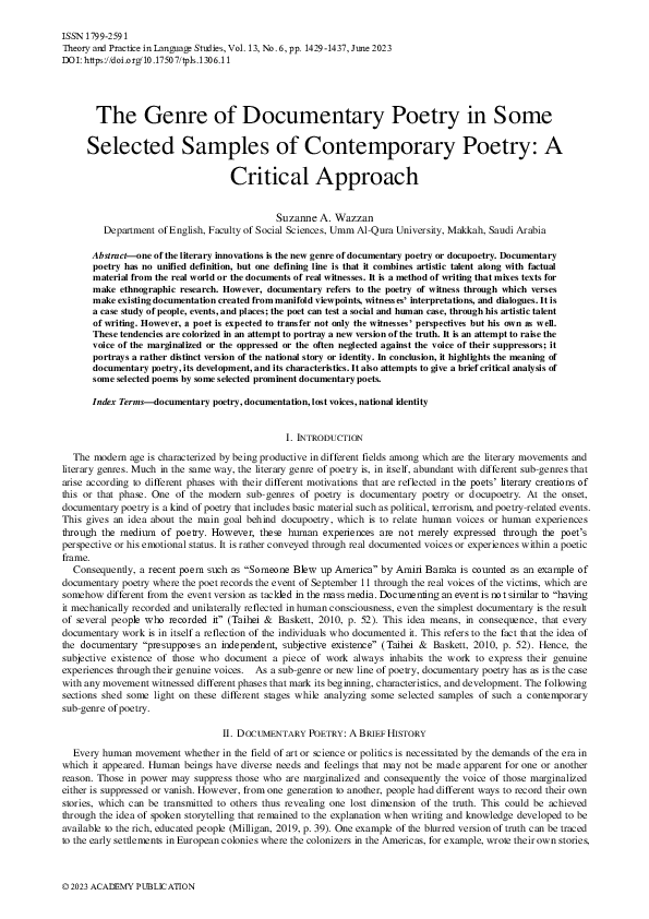 (PDF) The Genre of Documentary Poetry in Some Selected Samples of ...