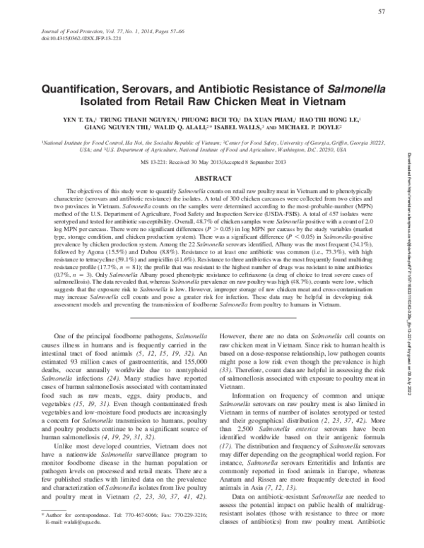 (PDF) Quantification, Serovars, and Antibiotic Resistance of Salmonella Isolated from Retail Raw ...